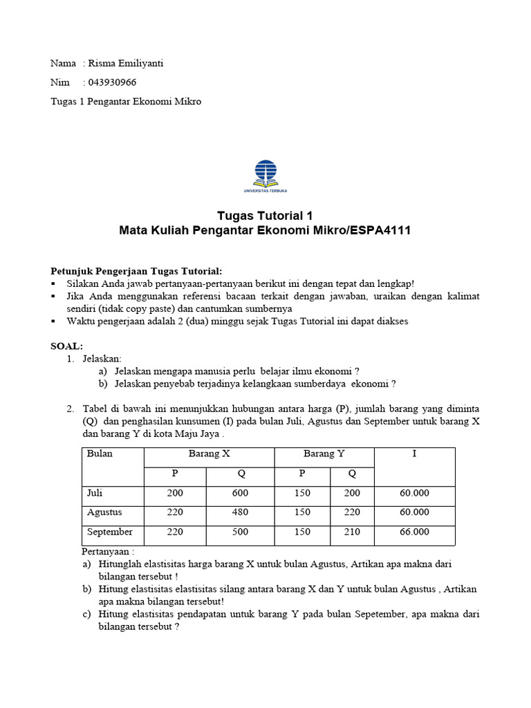 Tugas 1 Pengantar Ekonomi Mikro | PDF