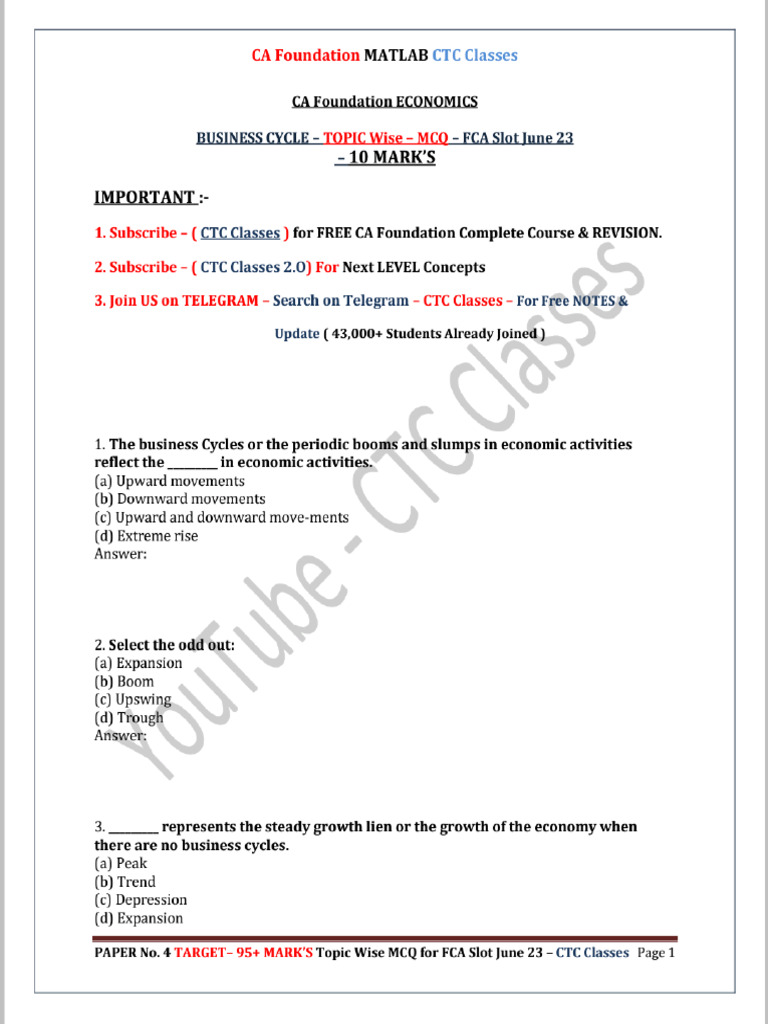 Business Cycle Topic Wise MCQ For FCA Slot June 23 CTC Classes | PDF