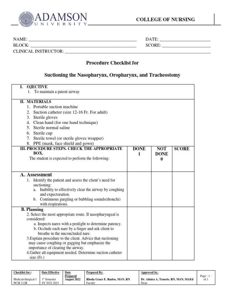 Suctioning Procedure Checklist | PDF | Catheter | Clinical Medicine