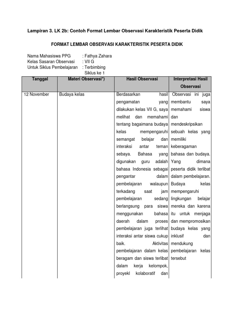 Topik 4 Tugas 3 Lampiran 3. LK 2b Contoh Format Lembar Observasi ...