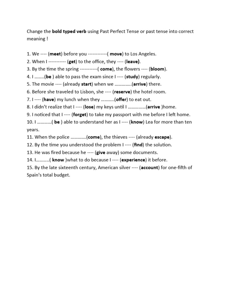 Past Perfect Tense Practice | PDF | Language Arts & Discipline