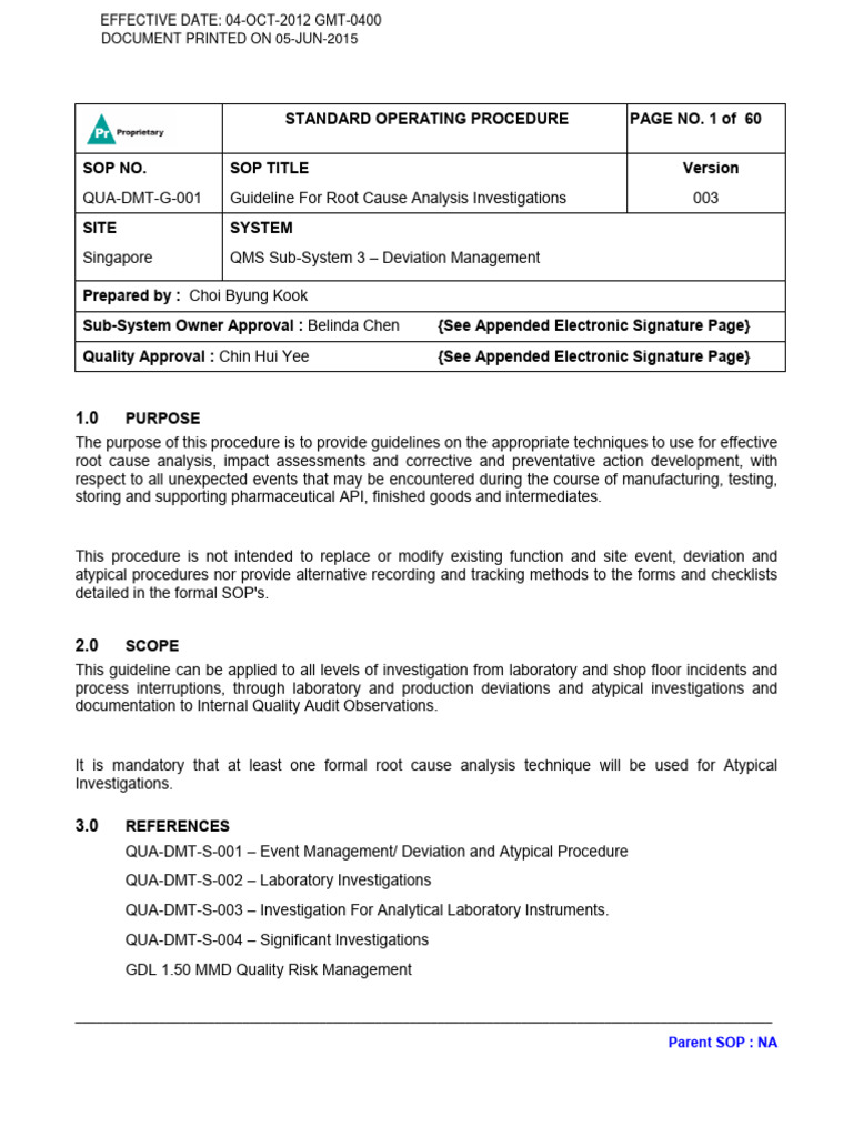 Qua-Dmt-G-001 Guideline For Root Cause Analysis Investigations | PDF | Specification (Technical ...