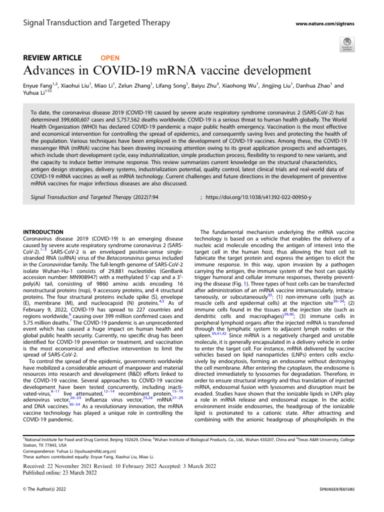 Fang Et Al - Advances in COVID-19 mRNA Vaccine Development - STTT2022 | PDF | Directionality ...