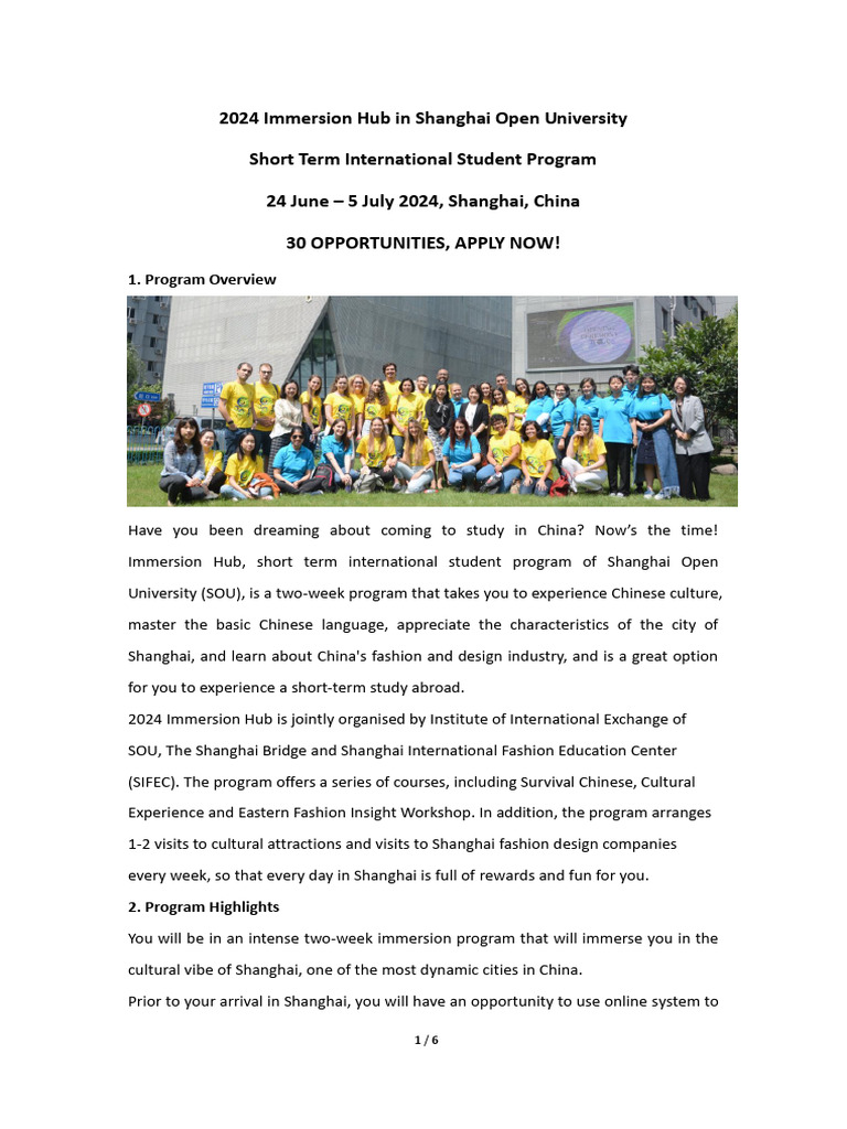 2024 Immersion Hub in Shanghai Open University_Short Term International Student Program | PDF ...