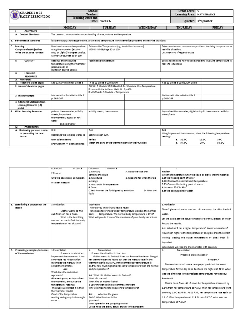 grade-5-dll-math-5-q4-week-6 | PDF | Thermometer | Temperature