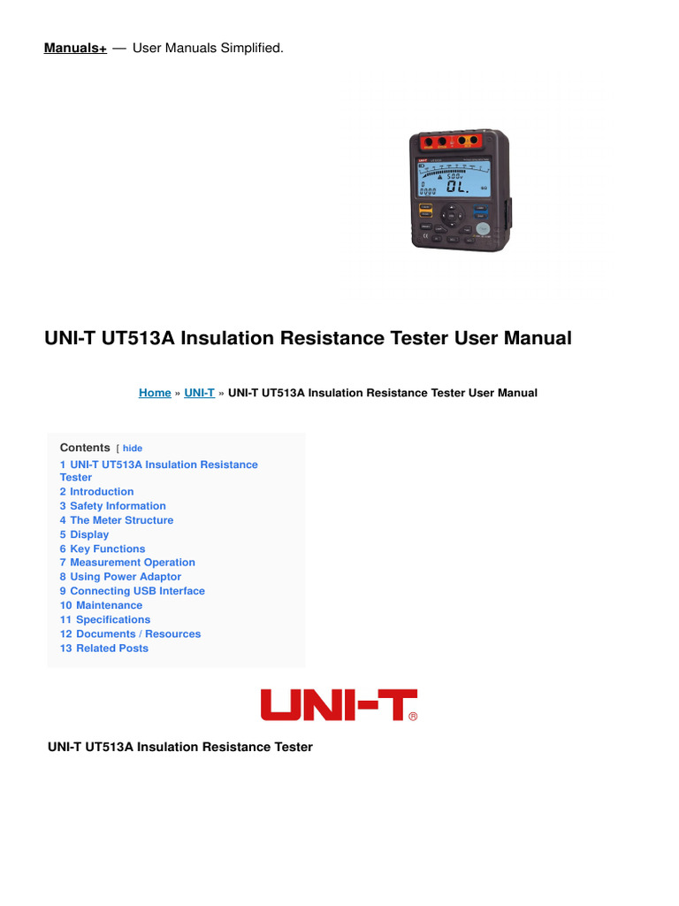Ut513a Insulation Resistance Tester Manual | PDF | High Voltage | Voltage