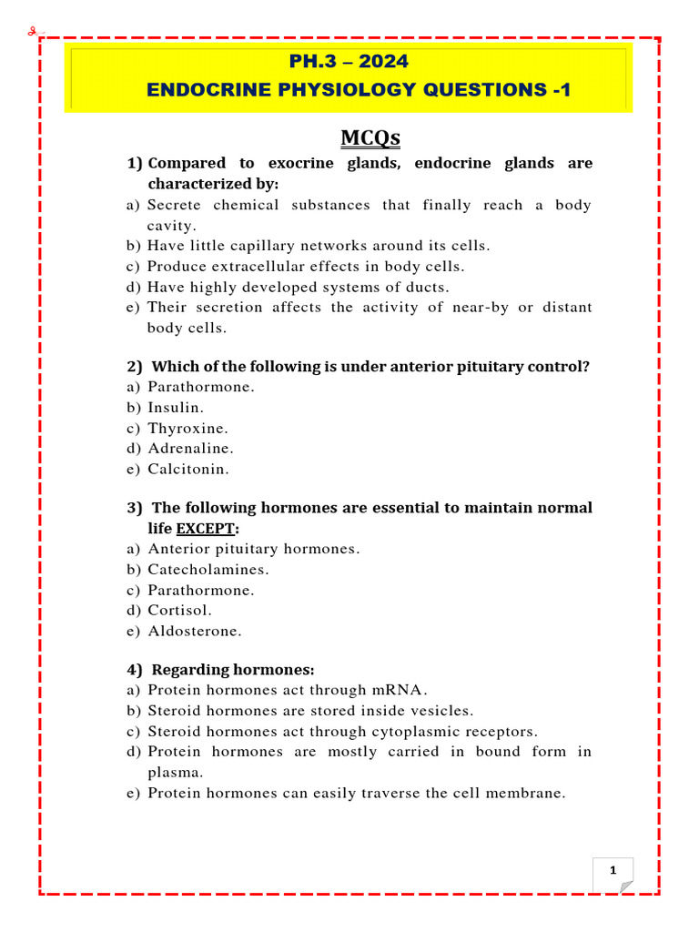 PH3. 2024. Endocrine Physiology Questions-1 | PDF | Hormone | Endocrine System