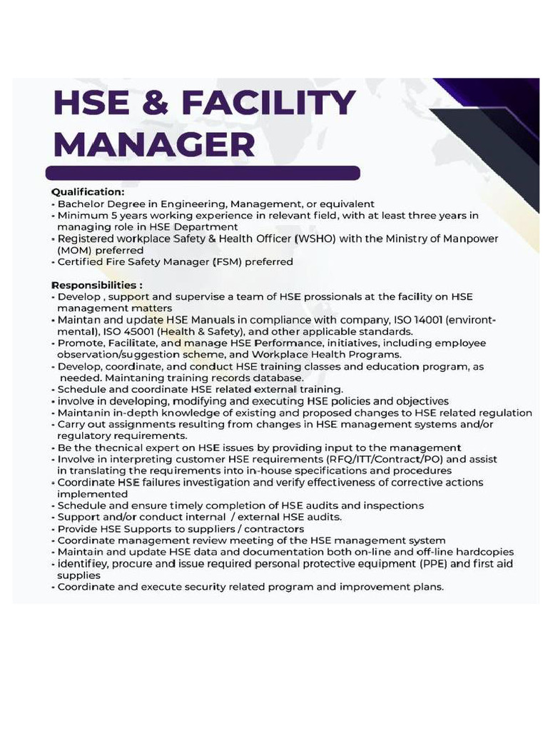 Responsible of HSE Manager | PDF