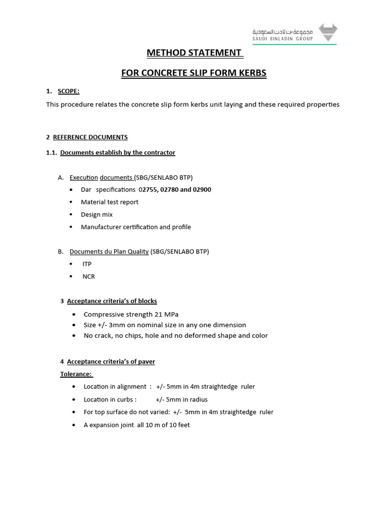 Method Statement Slip Form Kerbs | PDF | Concrete | Structural Engineering
