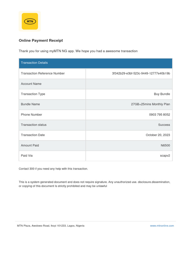 MTN Broadband Payment Receipt | PDF