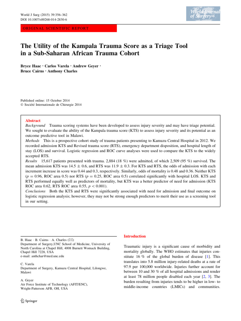 The Utility of The Kampala Tra | Download Free PDF | Major Trauma | Receiver Operating ...