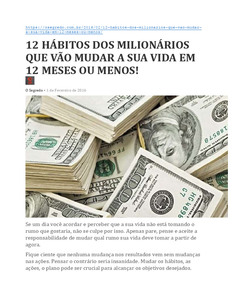 12 Hábitos Dos Milionários Que Vão Mudar A Sua Vida em 12 Meses Ou Menos! | PDF | Dinheiro | Tempo