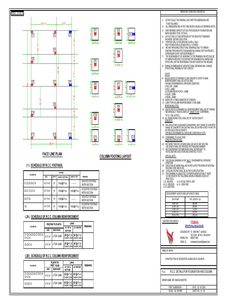 Column Footing Layout Face Line Plan: (1) Schedule of R.C.C. Footings ...