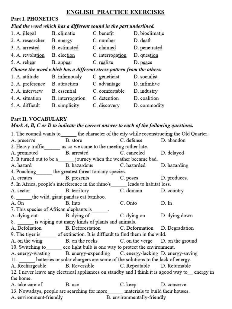 English Practice Exercises - Unit 3 P1 (Ko Key) | PDF | Energy Conservation | Nature