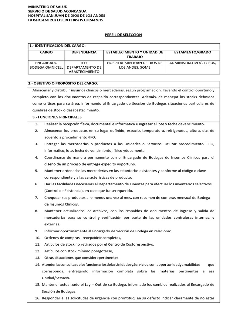 Perfil de Seleccion Cargo Encargado de Bodega Omnicell | PDF | Hospital ...