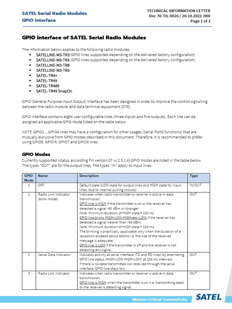 TIL 0026 - SATEL Radio Modules - GPIO Interface | PDF | Radio | Transmitter