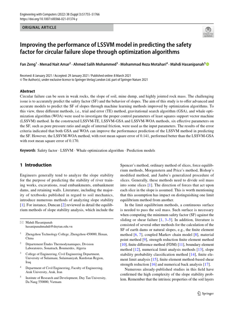 Improving The Performance of LSSVM Model in Predicting The Safety Factor For Circular Failure ...