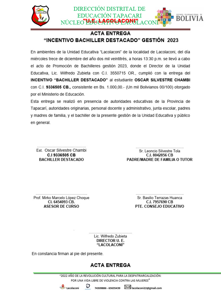 Acta de Bachiller Destacado | PDF