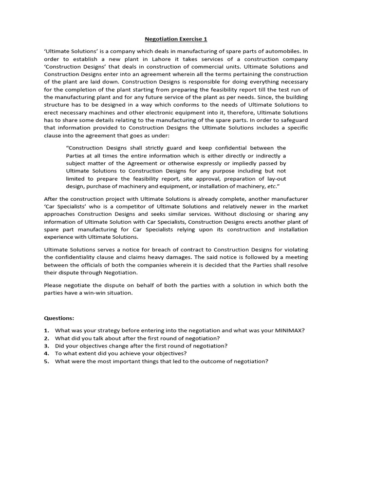 Negotiation Exercise 1 | PDF | Negotiation | Business Law