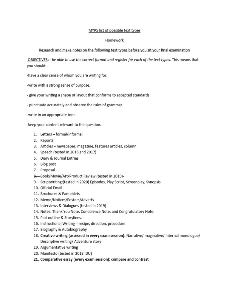List of Text Types MYP5 2023 24 | PDF