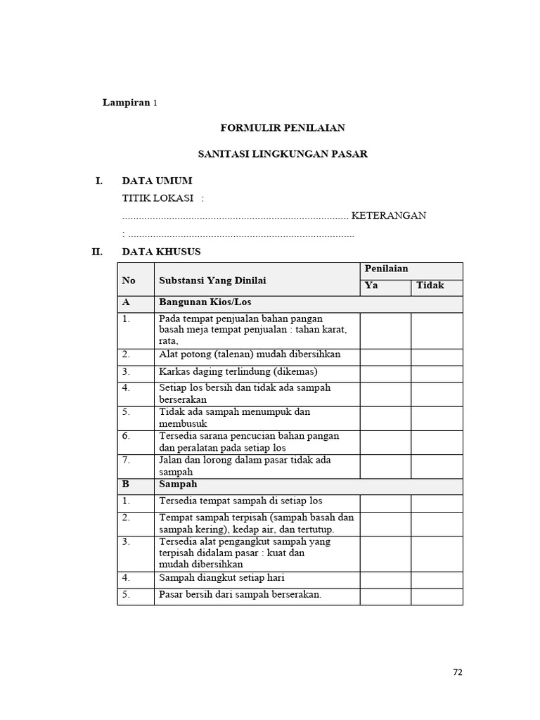 Form Sanitasi Inspeksi Pasar (Pasar Cibitung) | PDF