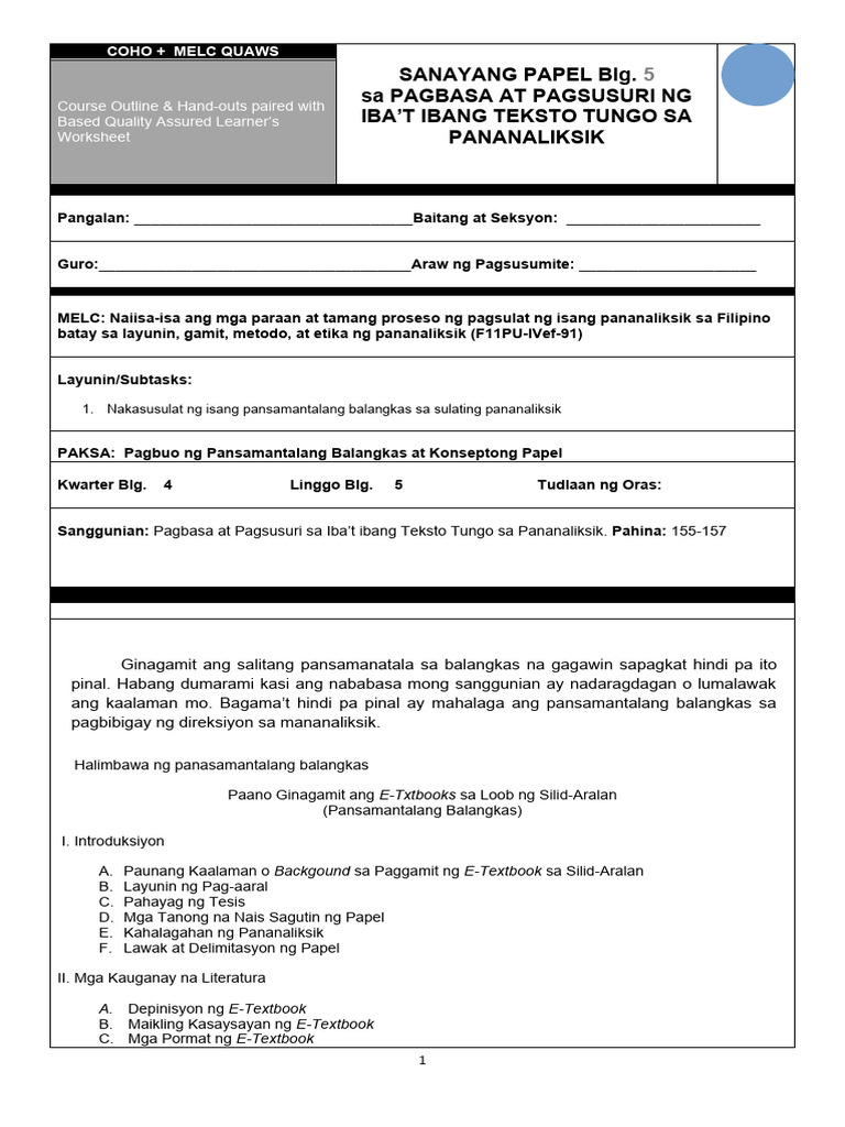 Pagbasa Worksheet w5 | PDF