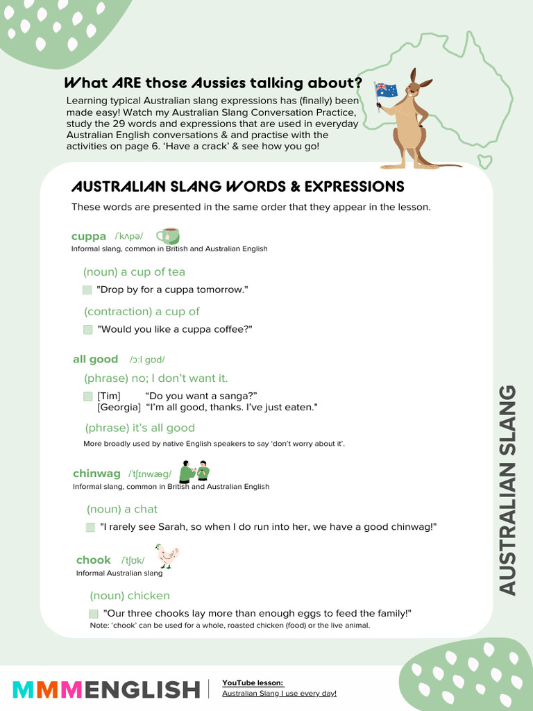 Mmmenglish Australian Slang Conversation Practice Workbook FILLABLE ...