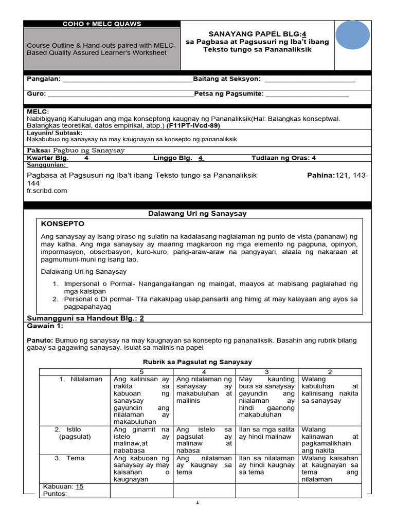 Pagbasa Worksheet w4 | PDF