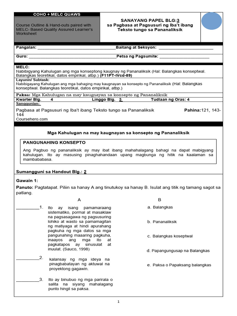 Pagbasa Worksheet w3 | PDF