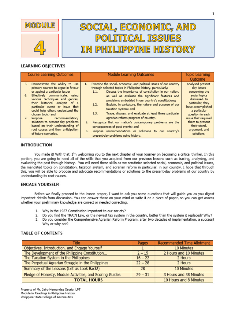 Module IV Social Economic and Political Issues in Philippine History | PDF | Philippines ...
