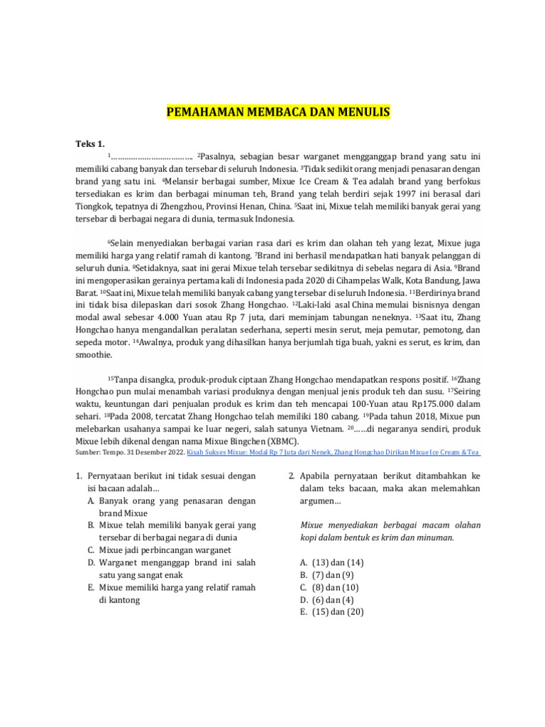 Soal Pemahaman Bacaan dan Menulis | PDF | Ilmu Sosial | Kajian Bahasa Asing