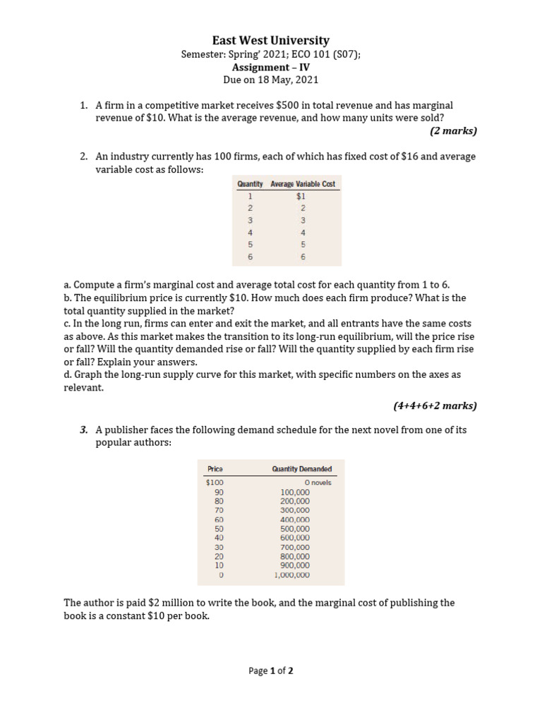 ECO 101 - Assignment IV | Download Free PDF | Marginal Cost | Perfect Competition