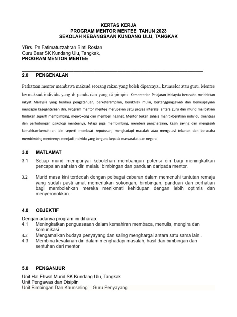 Kertas Kerja Mentor Mentee 2023 | PDF