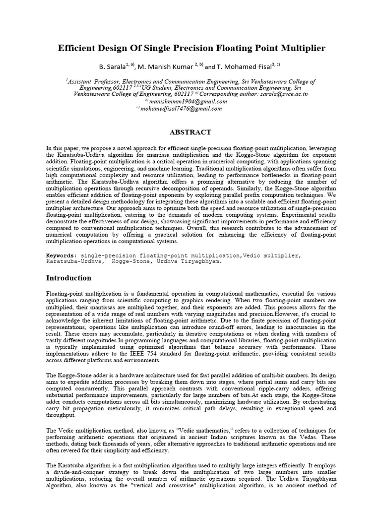 Efficient Design of Single Precision Floating Point Multiplier Paper | PDF | Arithmetic | Algorithms