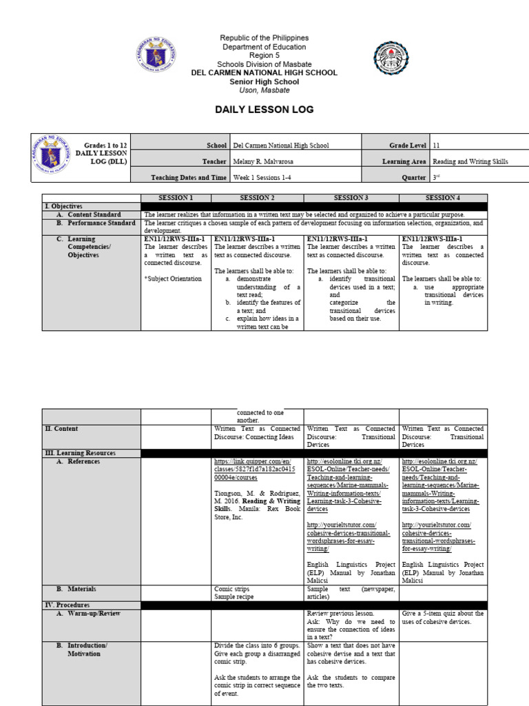 Daily Lesson Log for Reading Skills | PDF | Learning | Literacy