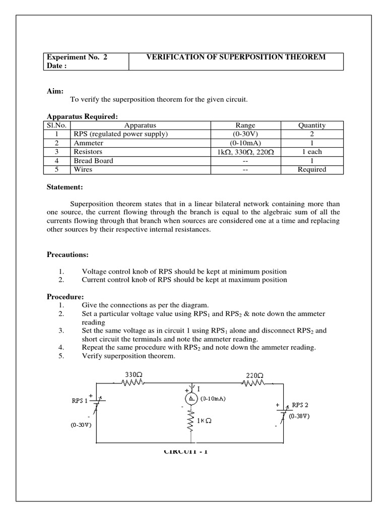 Superposition Theorem Experiment Guide | PDF | Electrical Network ...