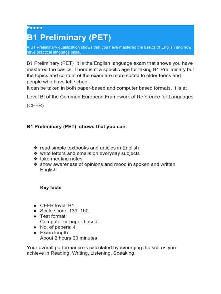 B1 Preliminary (PET) Exam Overview | PDF | Qualifications ...