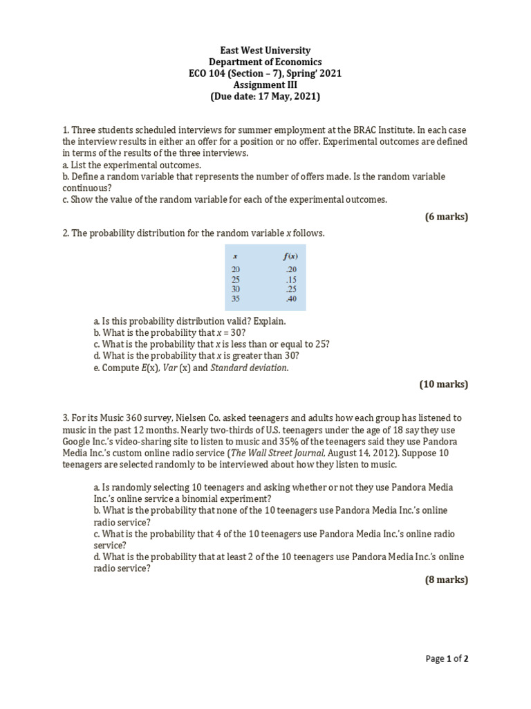 ECO 104.7 - Assignment III | PDF | Random Variable | Probability Distribution