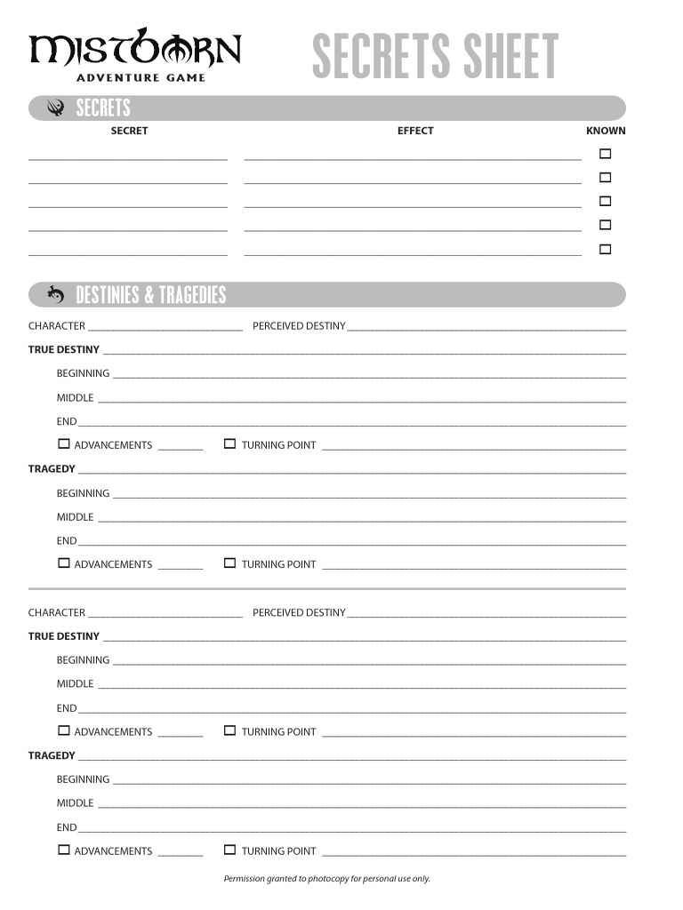 Mistborn Adventure Game Secrets Sheet | PDF