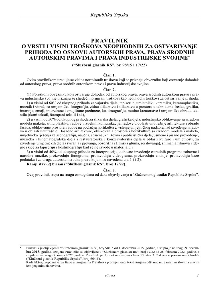 Pravilnik o Ostvarivanju Prihoda Po Osnovu Autorskih Prava, Republika ...