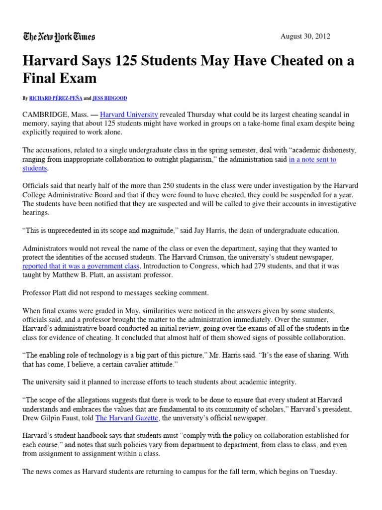 06 The Harvard Cheating Scandal NYT Reports Aug 3031, 2012 | PDF ... 06 The Harvard Cheating Scandal NYT Reports Aug 3031, 2012 | PDF ...