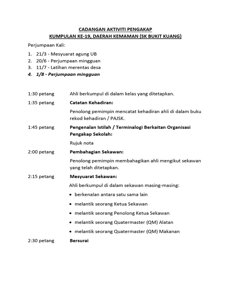 Cadangan Aktiviti Pengakap Kumpulan 19 SK Bukit Kuang Kali Ke 4 | PDF