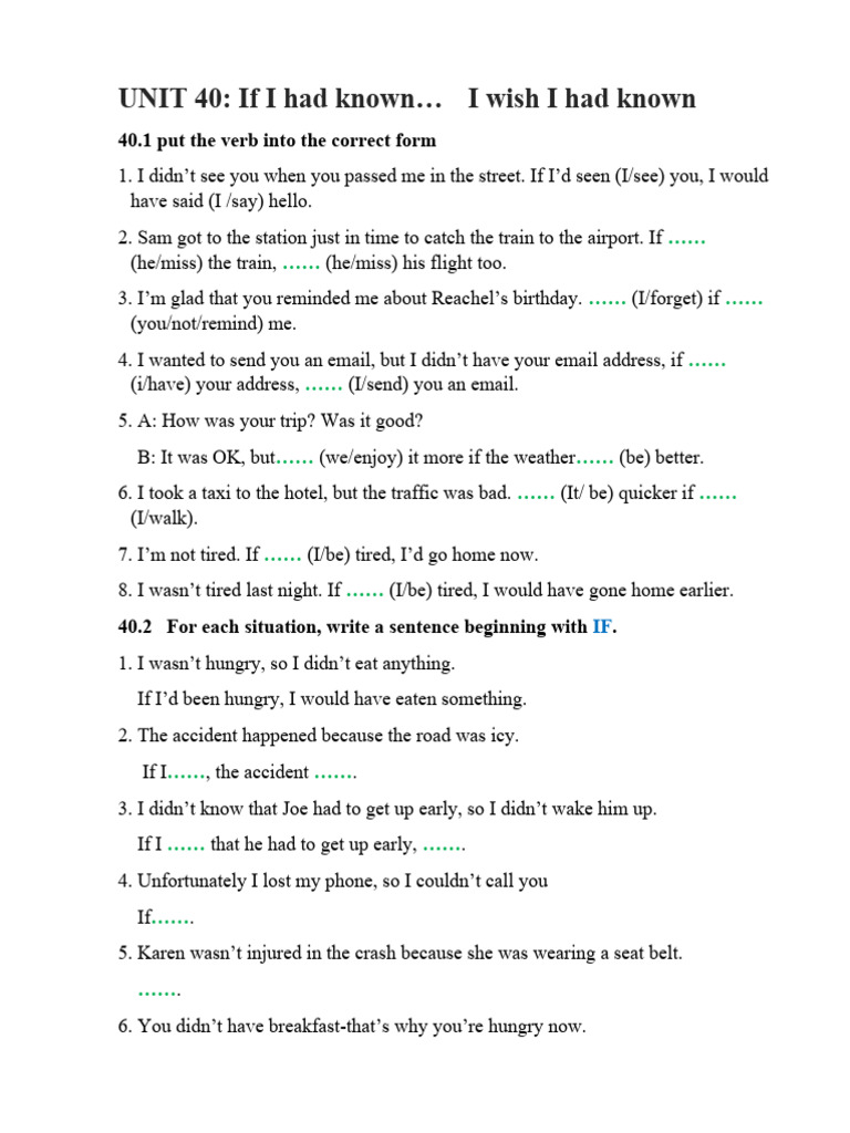 UNIT 40: If I Had Known I Wish I Had Known: 40.1 Put The Verb Into The Correct Form | PDF