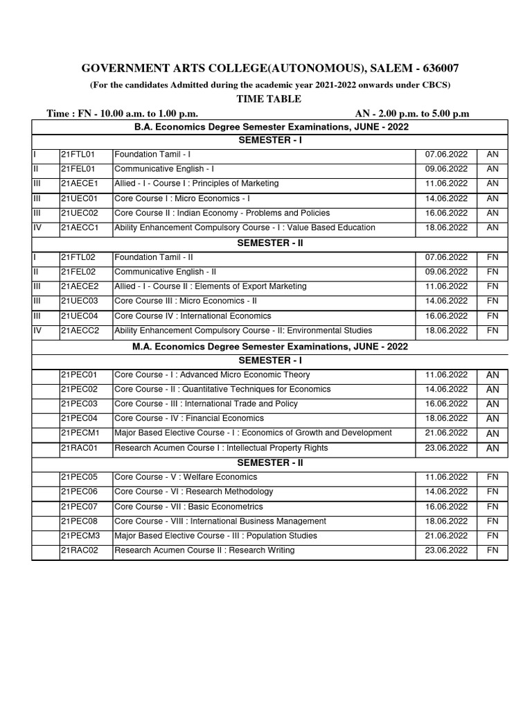 TimeTable Ist Year JUN 2022 | Download Free PDF | Economics | Chemistry