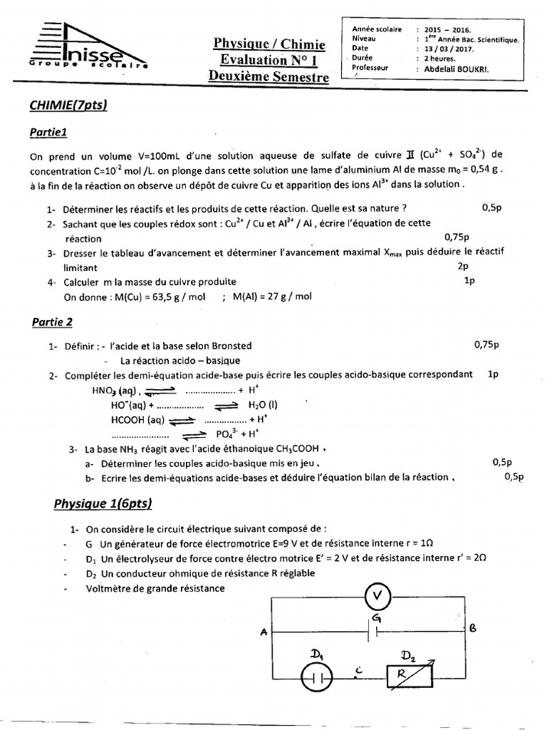 Devoir 1 Physique Et Chimie 1er BAC Sciences Mathematiques 2nd Semestre ...