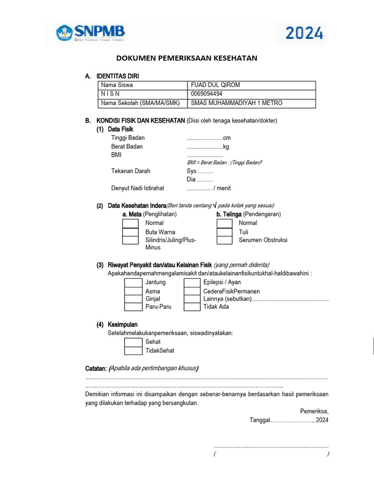 Dokumen Pemeriksaan Kesehatan (2024) | PDF
