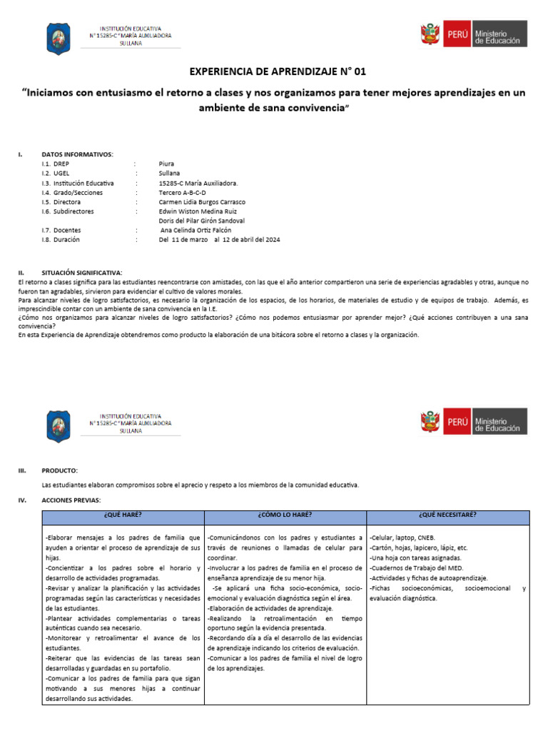 3ro Sec Experiencia De Aprendizaje 1 2024 Pdf Evaluación