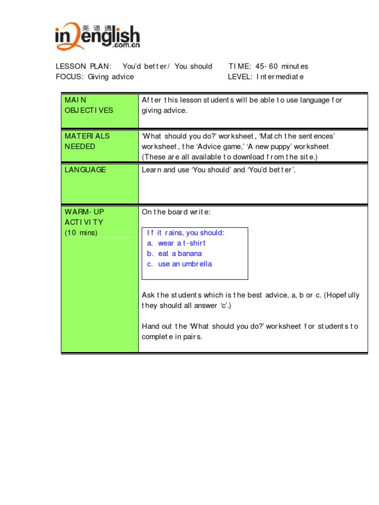 Asking and Giving Advice Lesson Plan | PDF | Language Arts & Discipline