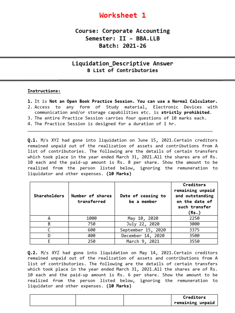 C. Worksheet 1 - Liquidation - B List of Contributories | PDF ...