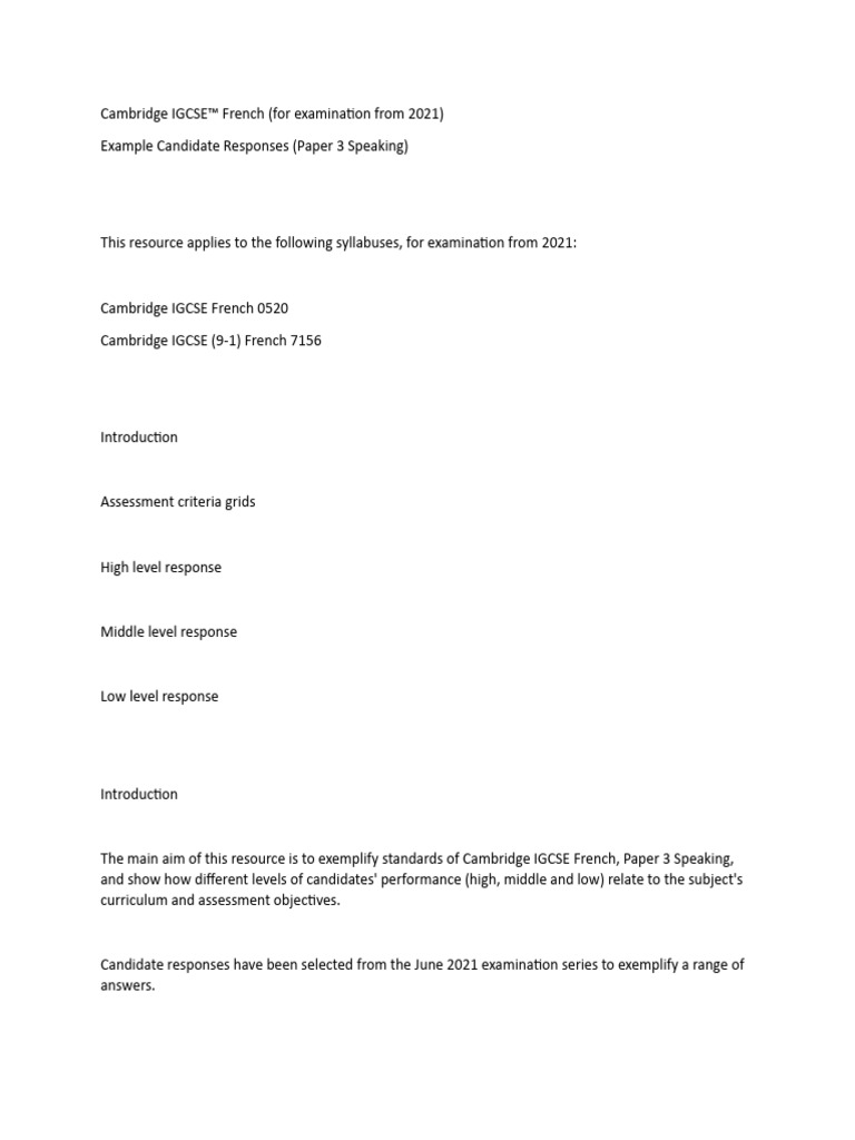 p3 Sample Reponse For French | PDF | Question | Communication